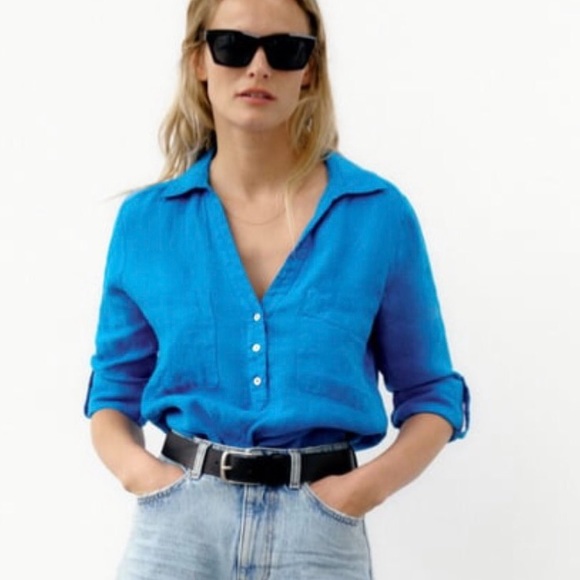 Zara | Tops | Nwt Zara Linen Blue Shirt | Poshmark